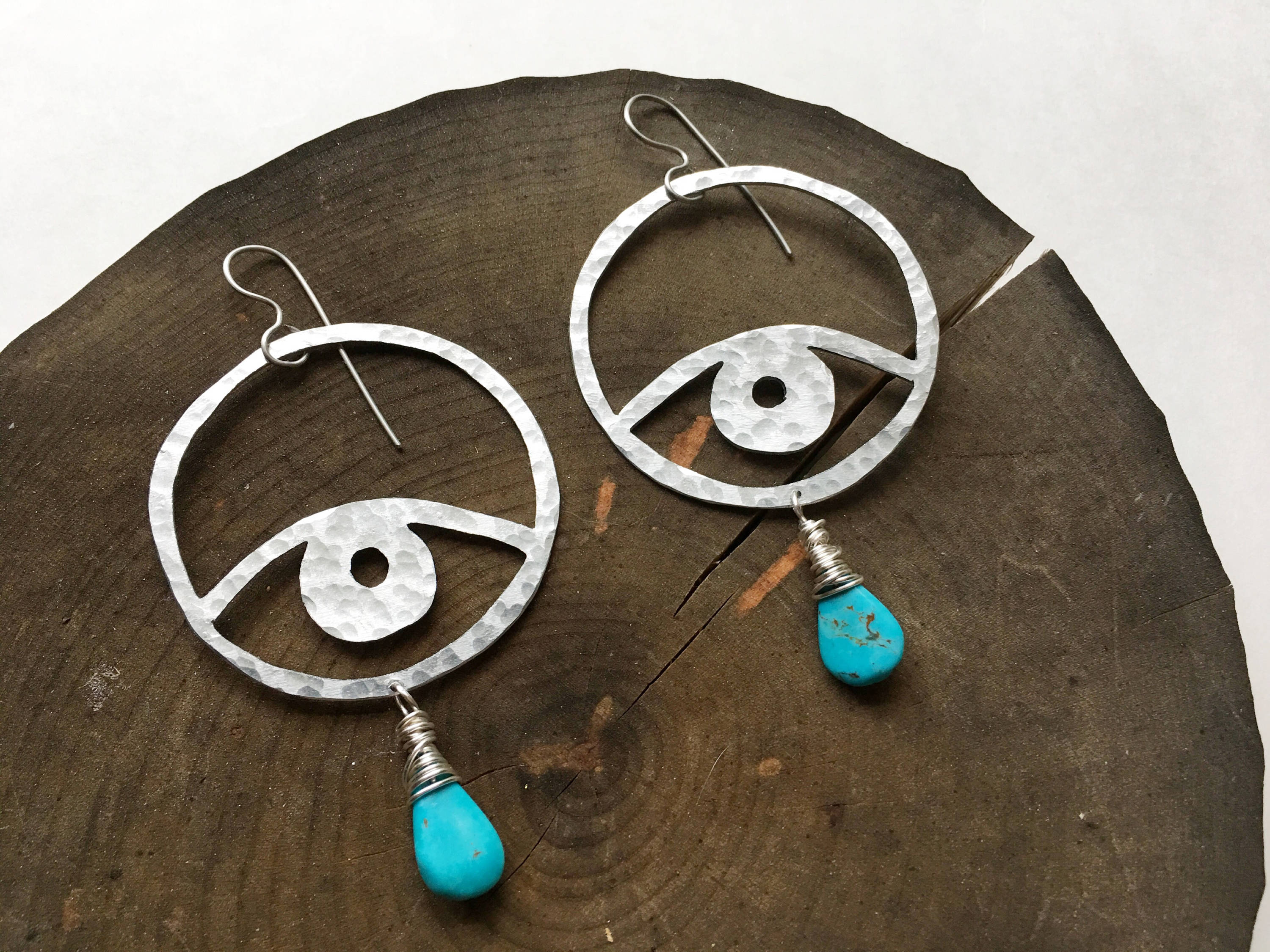 Eye earrings big metal eye and turquoise earrings ojo | Etsy