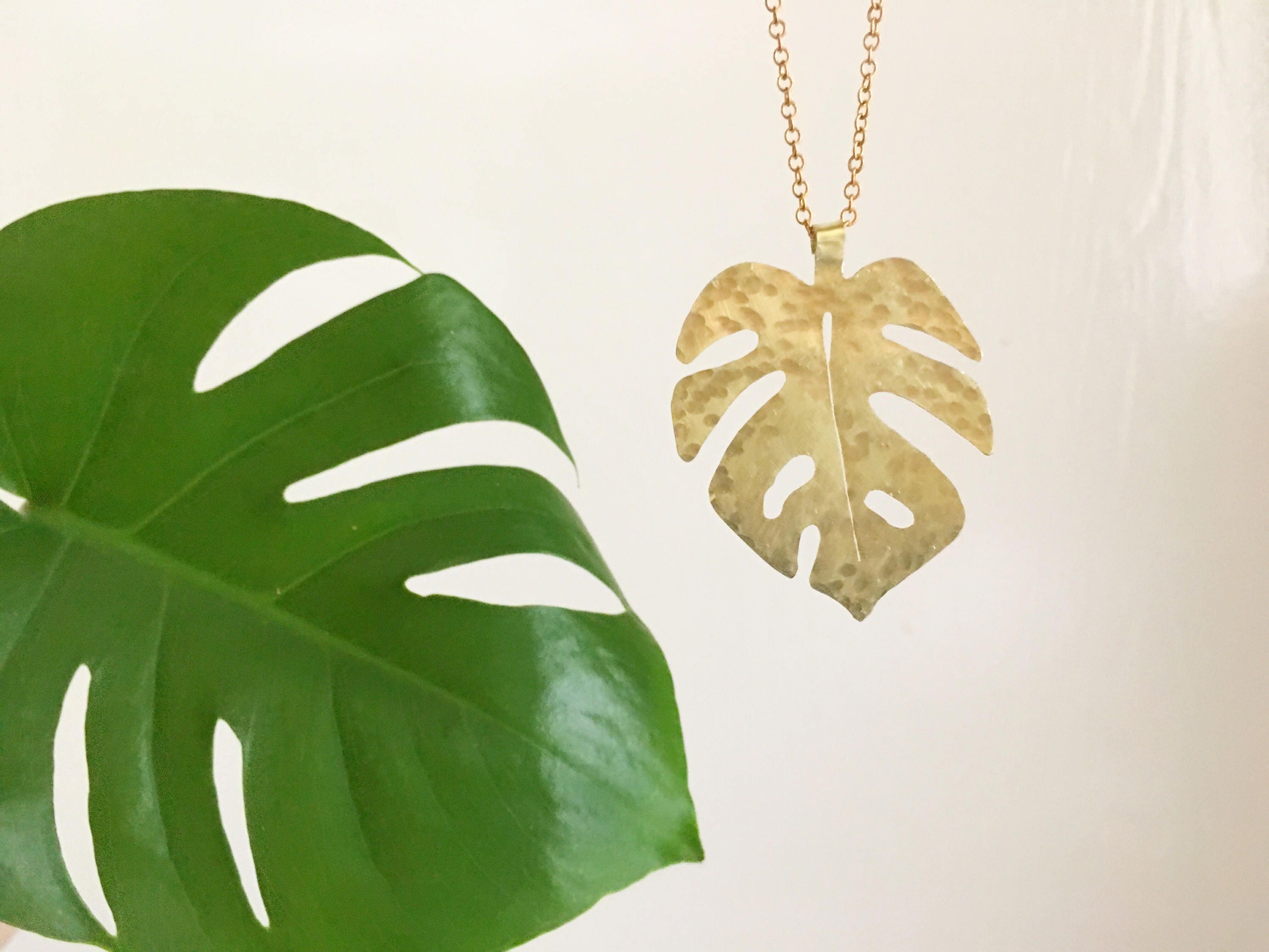 Monstera pendant necklace hammered brass monstera leaf | Etsy
