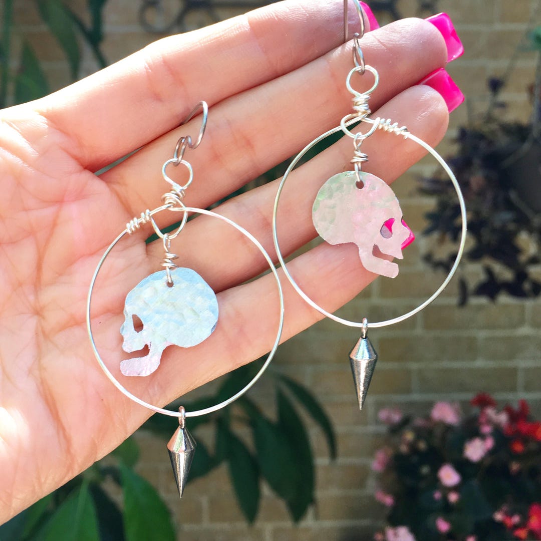 Skull and Spike Earrings, Metal Skull Hoop Earrings - Etsy