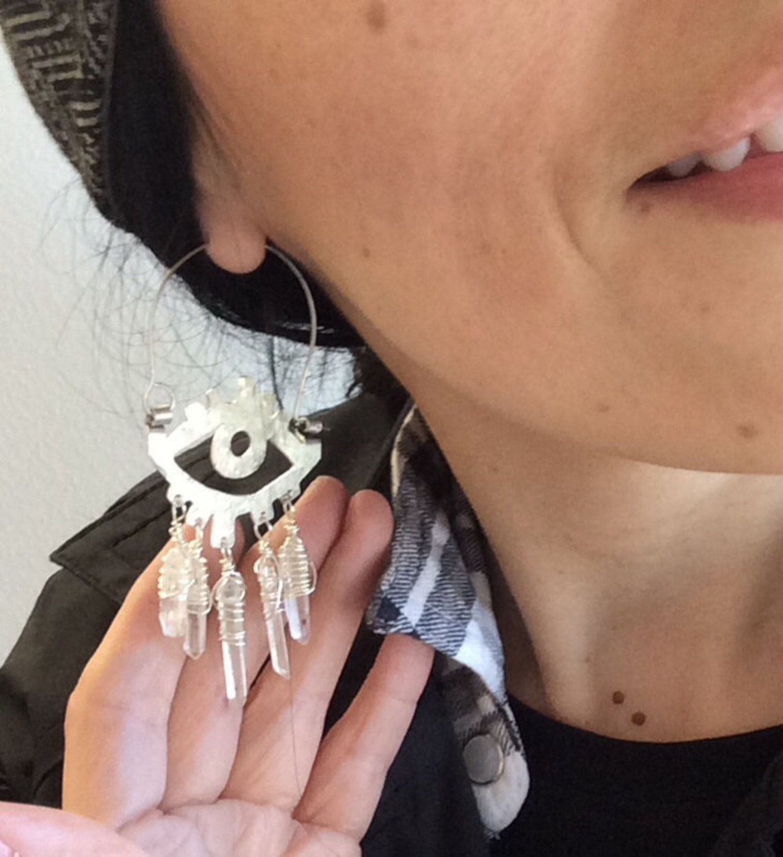 Metal Eye and Crystal Point Hoop Earrings, Evil Eye Hoops - Etsy
