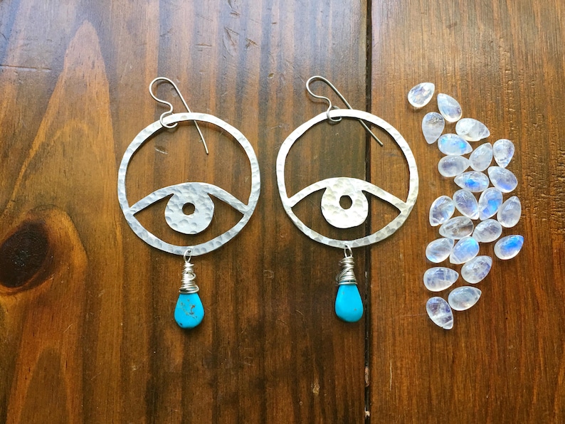 Eye Earrings Big Metal Eye and Turquoise Earrings Ojo - Etsy