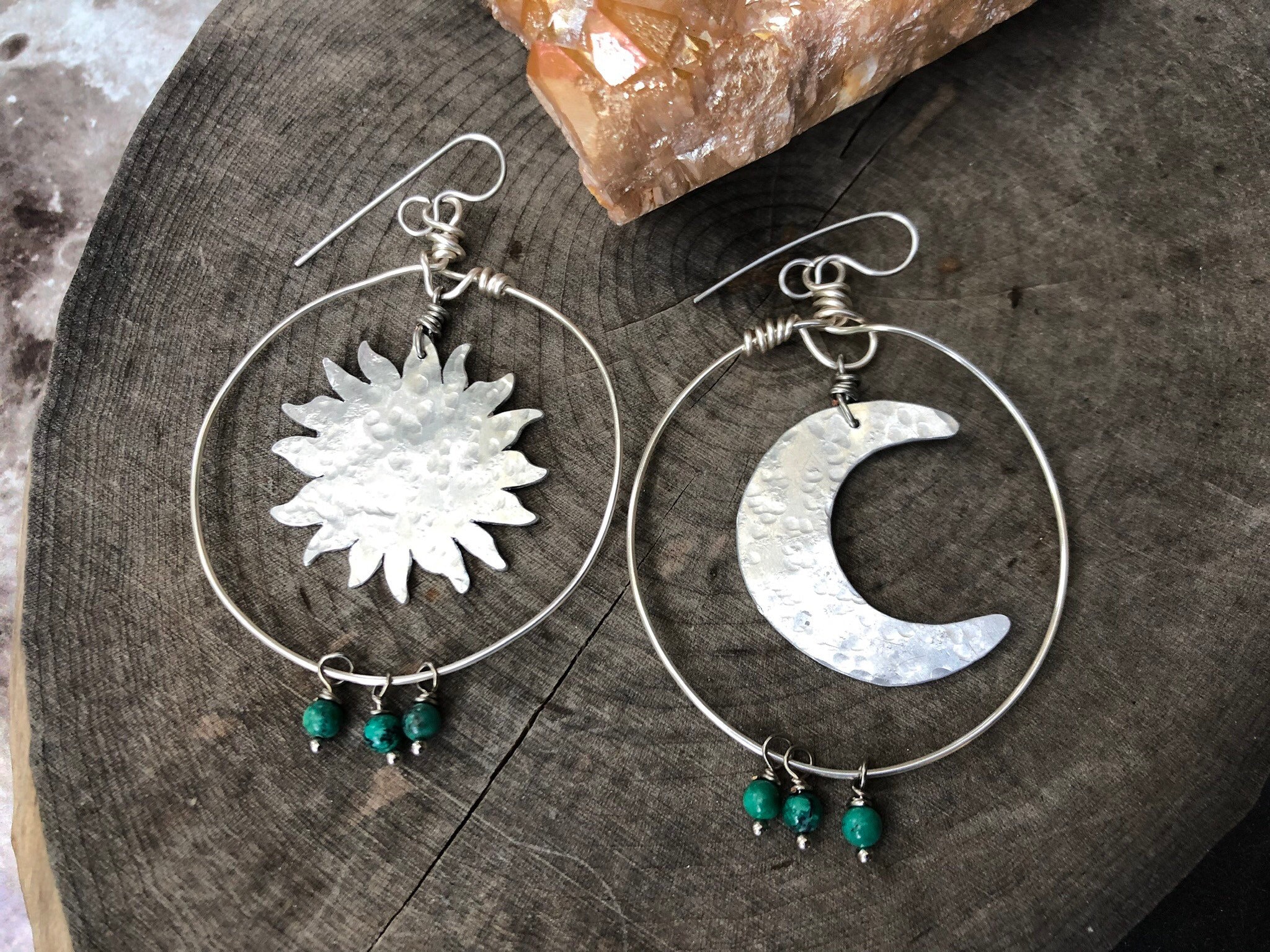Sun and Moon Hoop Earrings Crescent Moon Hoops With Turquoise | Etsy