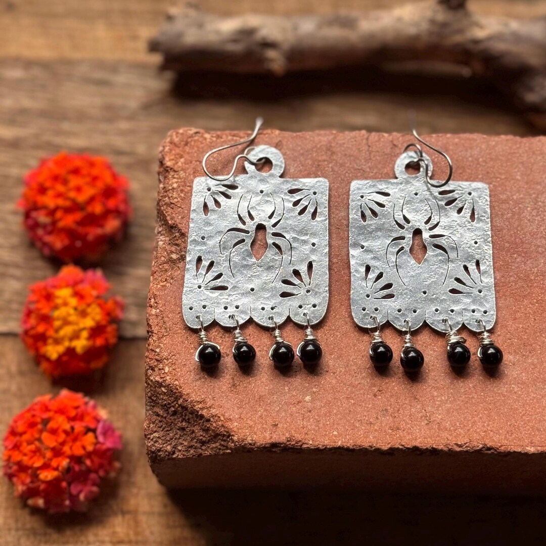 Handmade Metal Papel Picado Spider Earrings With Onyx Beads - Etsy