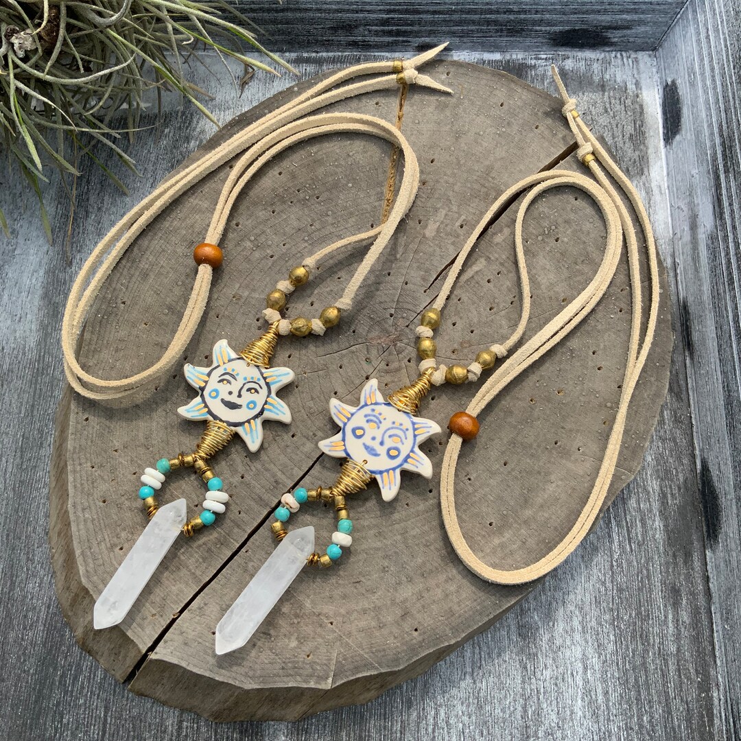 Folk Art Sun and Crystal Point Necklace on Beige Vegan Suede Cord ...
