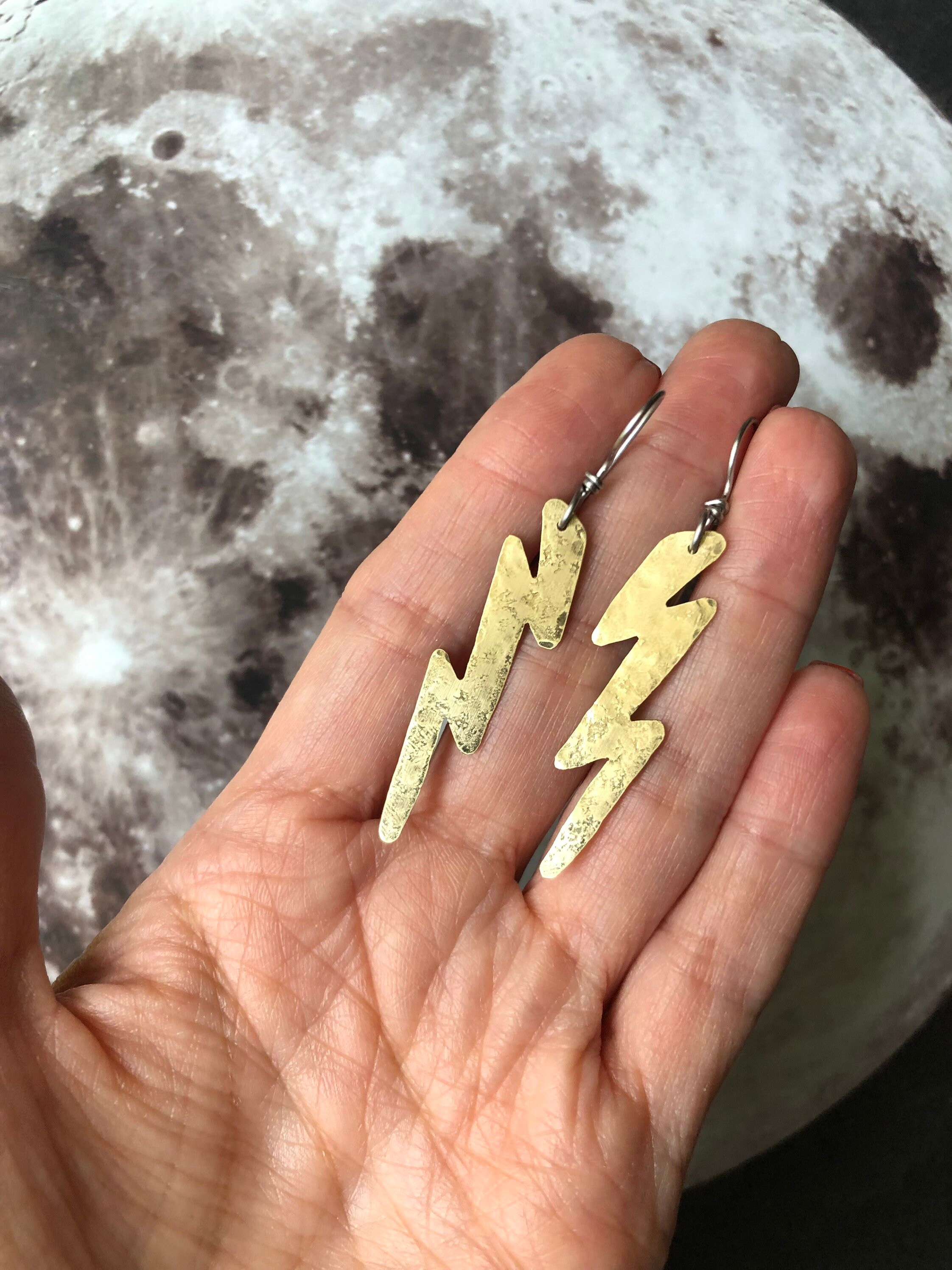 Lightning Earrings Large Lightning Bolt Earrings Hammered | Etsy