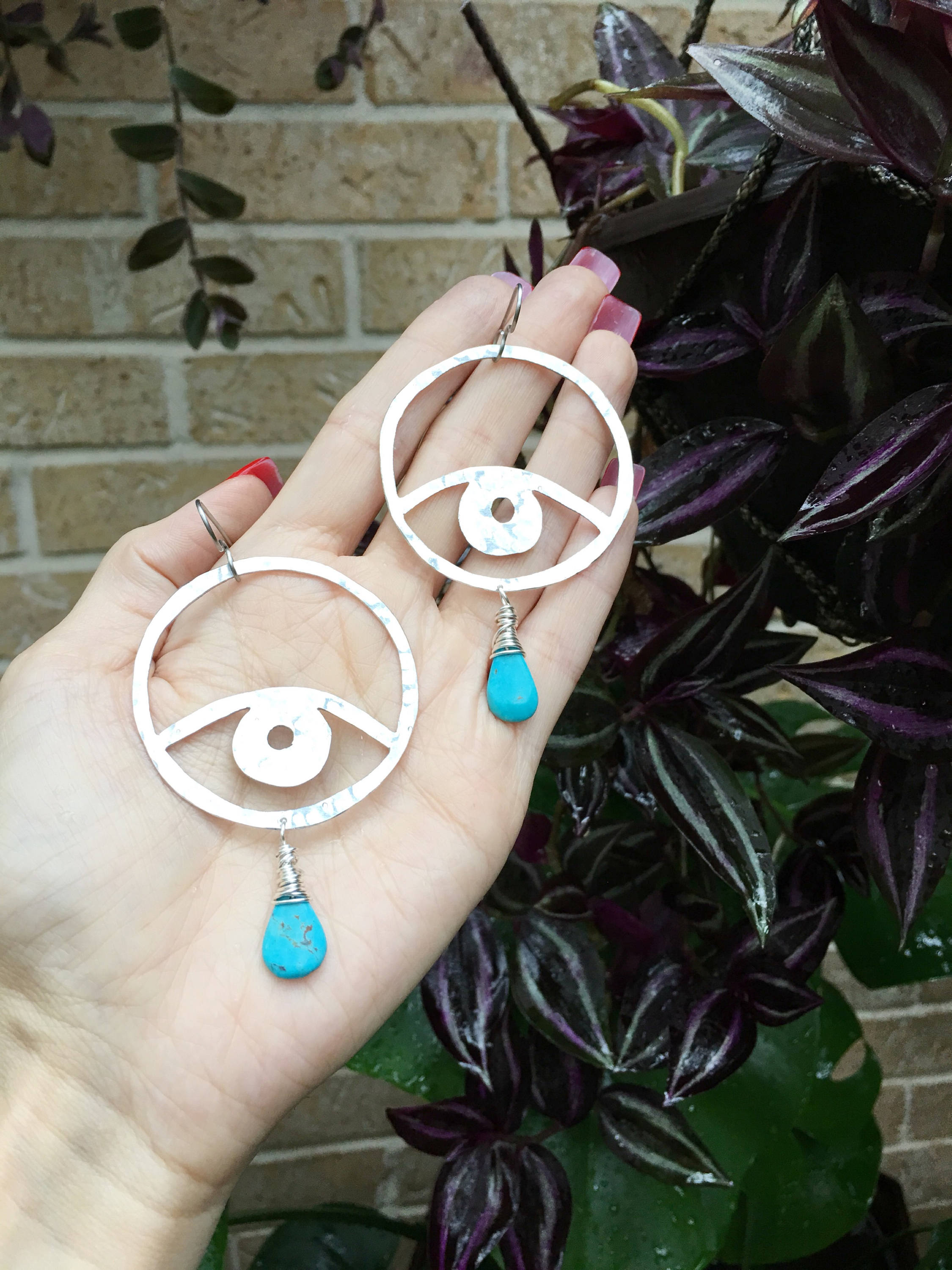Eye earrings big metal eye and turquoise earrings ojo | Etsy