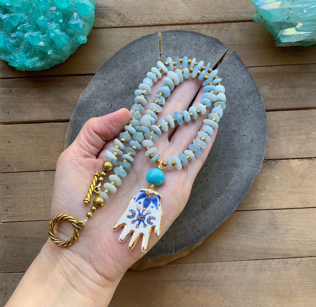 Mystical Ceramic Hand and Aquamarine Necklace , Beaded Celestial Hand ...