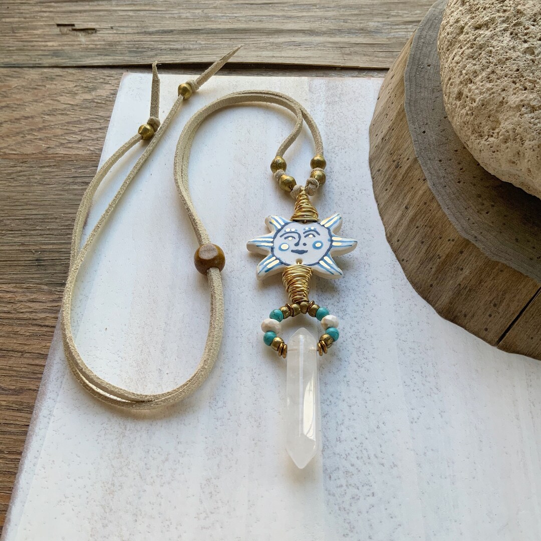 Folk Art Sun and Crystal Point Necklace on Beige Vegan Suede Cord ...