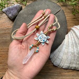 Folk Art Sun and Crystal Point Necklace on Beige Vegan Suede Cord ...