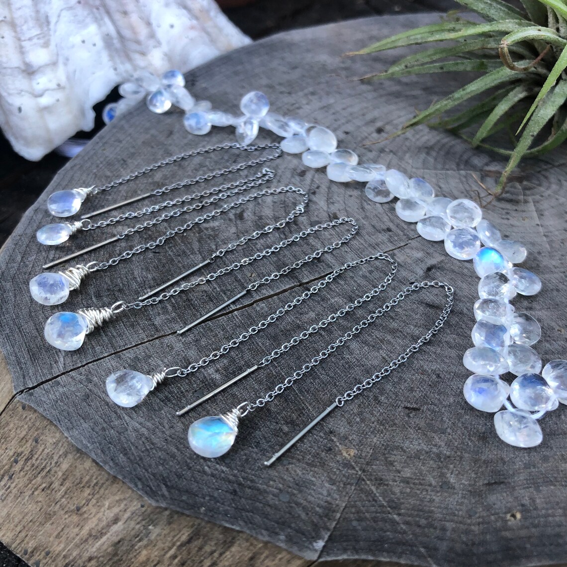 Moonstone Threader Earrings Tiny Gemstone Threader Earrings | Etsy