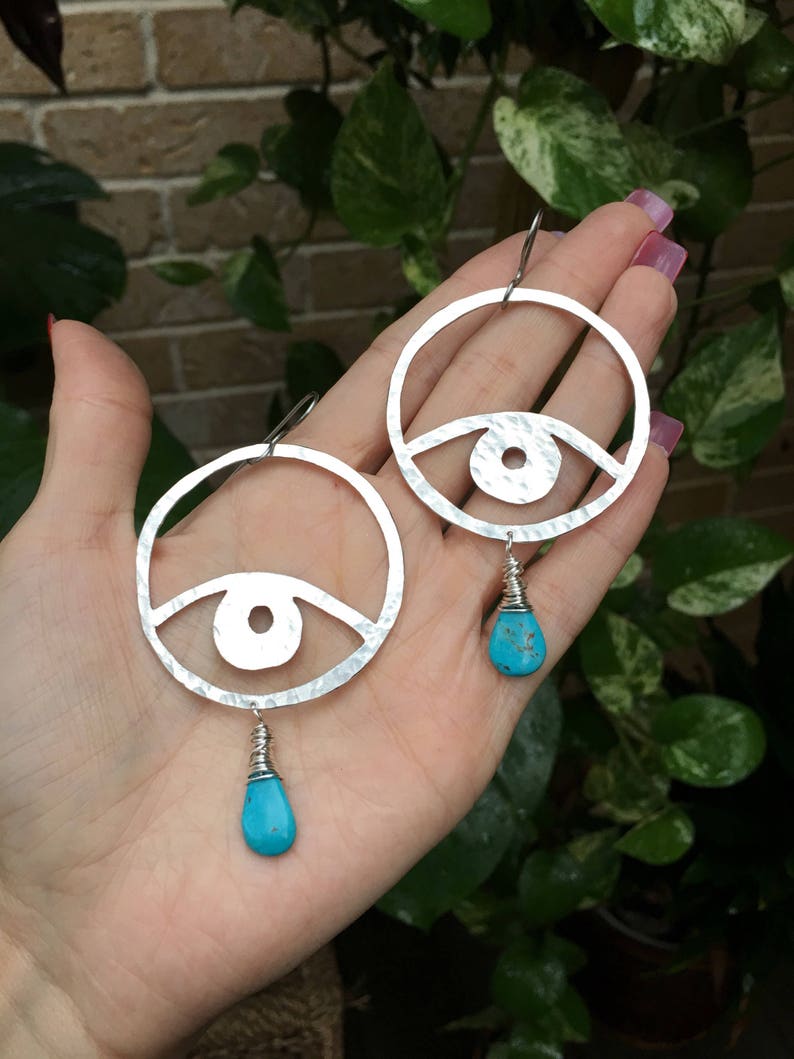 Eye Earrings Big Metal Eye and Turquoise Earrings Ojo - Etsy