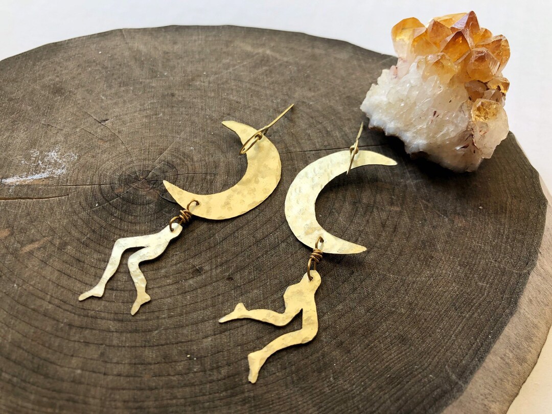 Handmade Crescent Moon Leg Earrings: Brass Lunar Jewelry, Leggy Luna ...