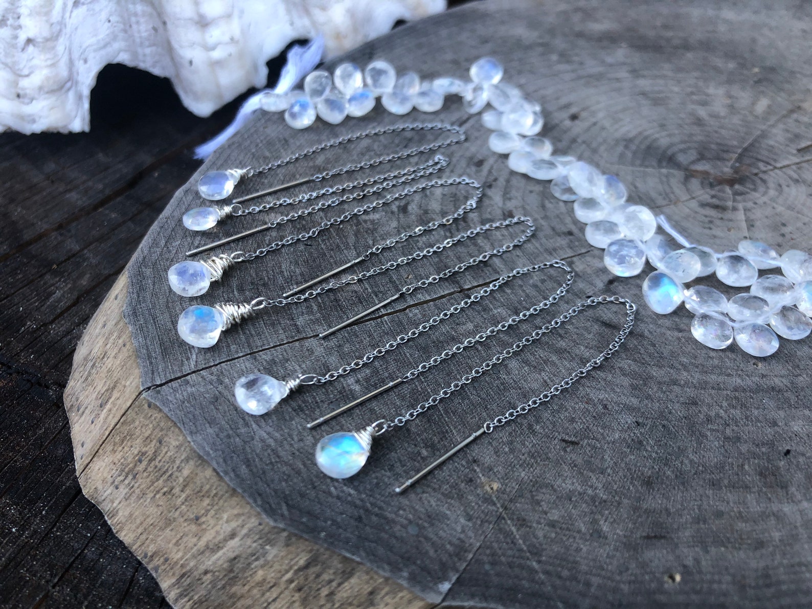 Moonstone Threader Earrings Tiny Gemstone Threader Earrings | Etsy