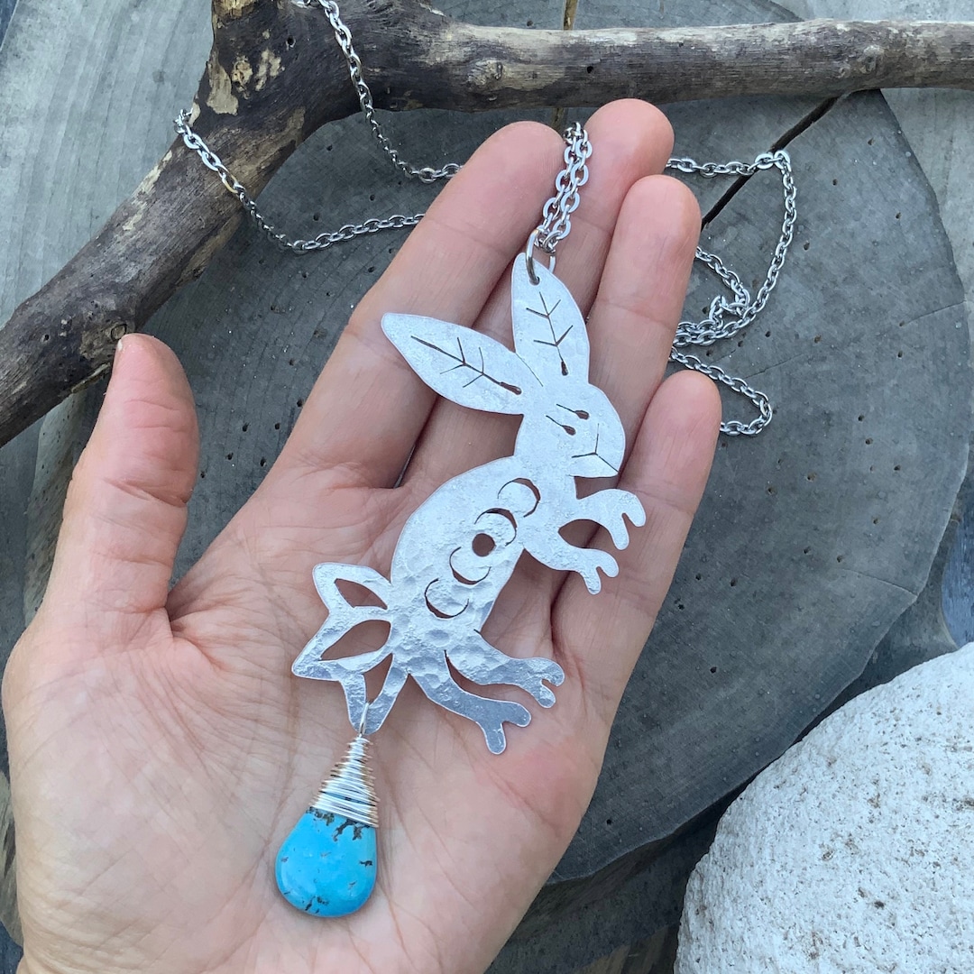 Handmade Celestial Rabbit Necklace: Moon Phase Pendant With Turquoise ...