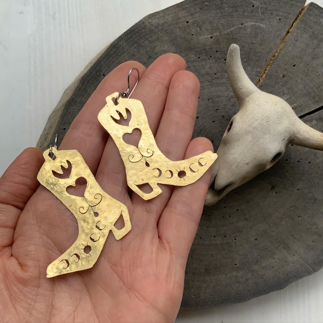 Celestial Cowgirl Boot Earrings, Brass Cowboy Boot Earrings - Etsy