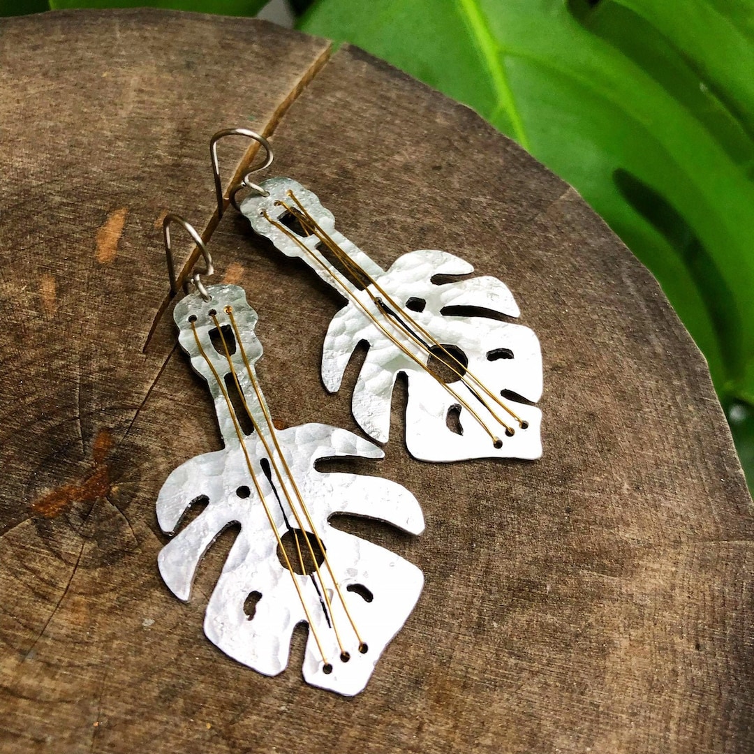 Handmade Monstera Guitar Earrings: Aluminum or Brass, Tropical Jewelry ...