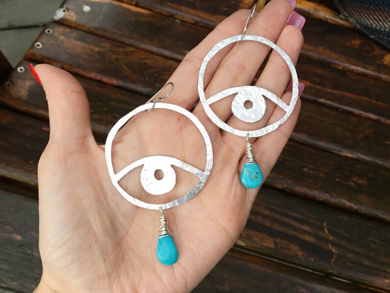 Eye Earrings Big Metal Eye and Turquoise Earrings Ojo - Etsy