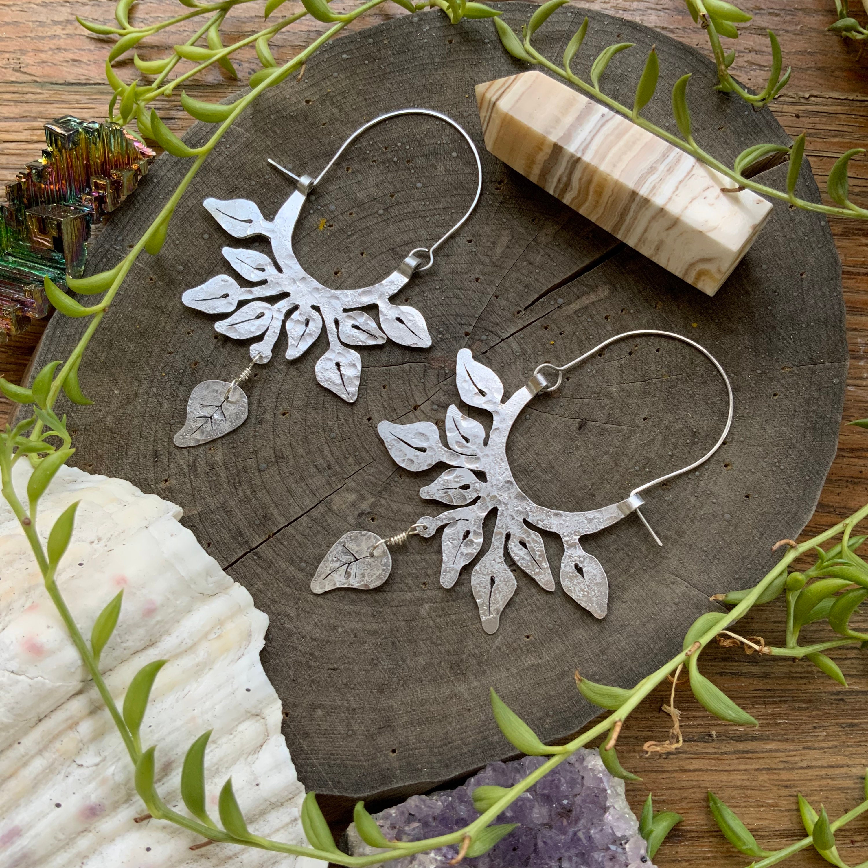 Leaf Hoop Earrings Pothos Leaf Hoop Earrings Hammered - Etsy