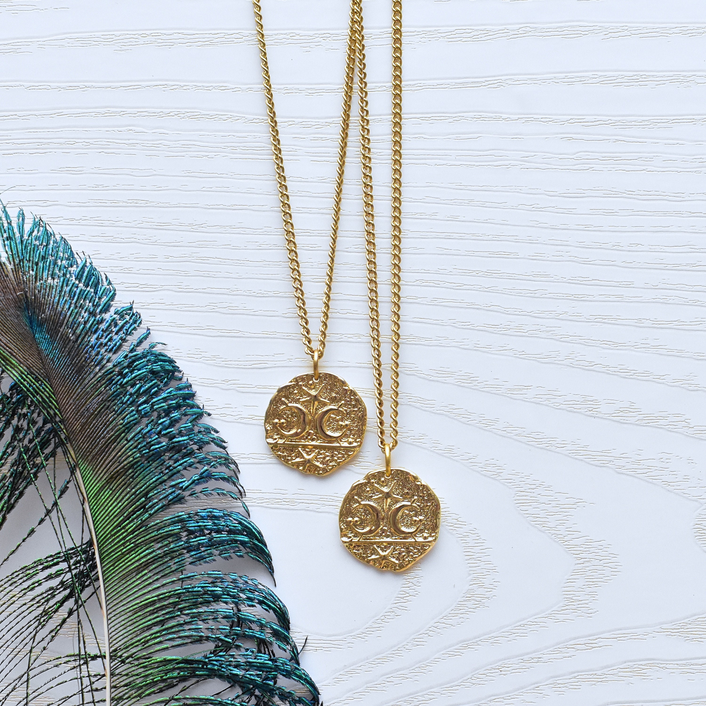 Celestial Coin Necklace/ Gold Plated Charm Necklace/ Double | Etsy