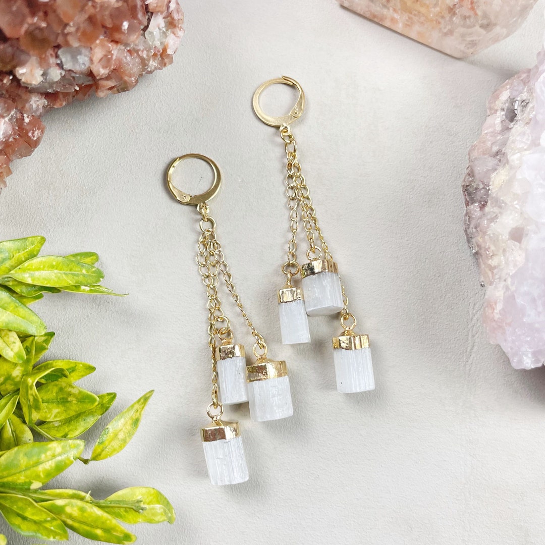 Gold Triple Selenite Dangle Huggie Earrings - Etsy