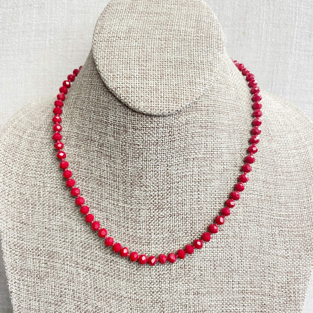 Barb// Opaque Maroon Crystal Beaded Hand-knotted Necklace (EPJ-NSBA10 ...