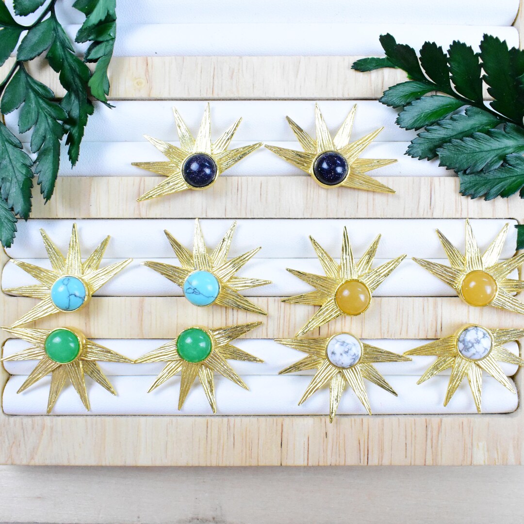 Gold Plated Sun Spike Stud Earrings With Gemstone Cabochon - Etsy