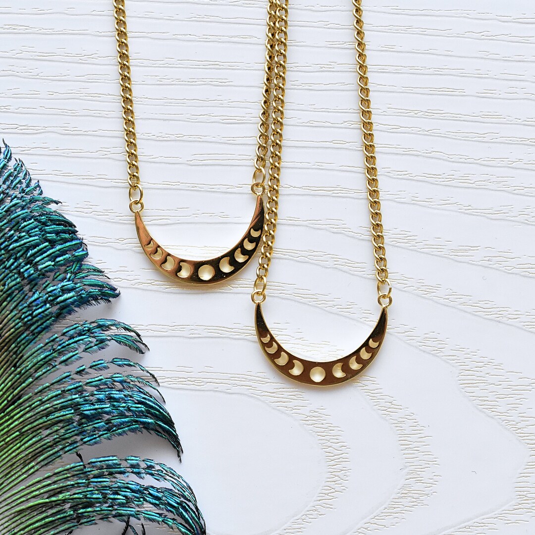 Mondphasen Halskette/ Halbmond Halskette/ Vergoldete Crescet Mond/ Mond Halskette Edelstahl ...
