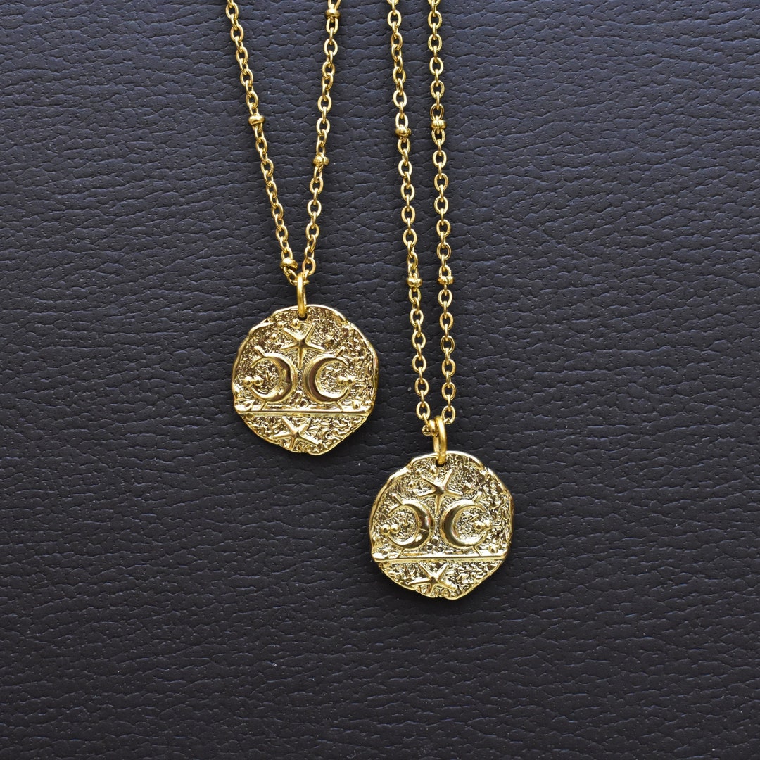 Celestial Coin Necklace/ Gold Plated Charm Necklace/ Double Moon Star ...