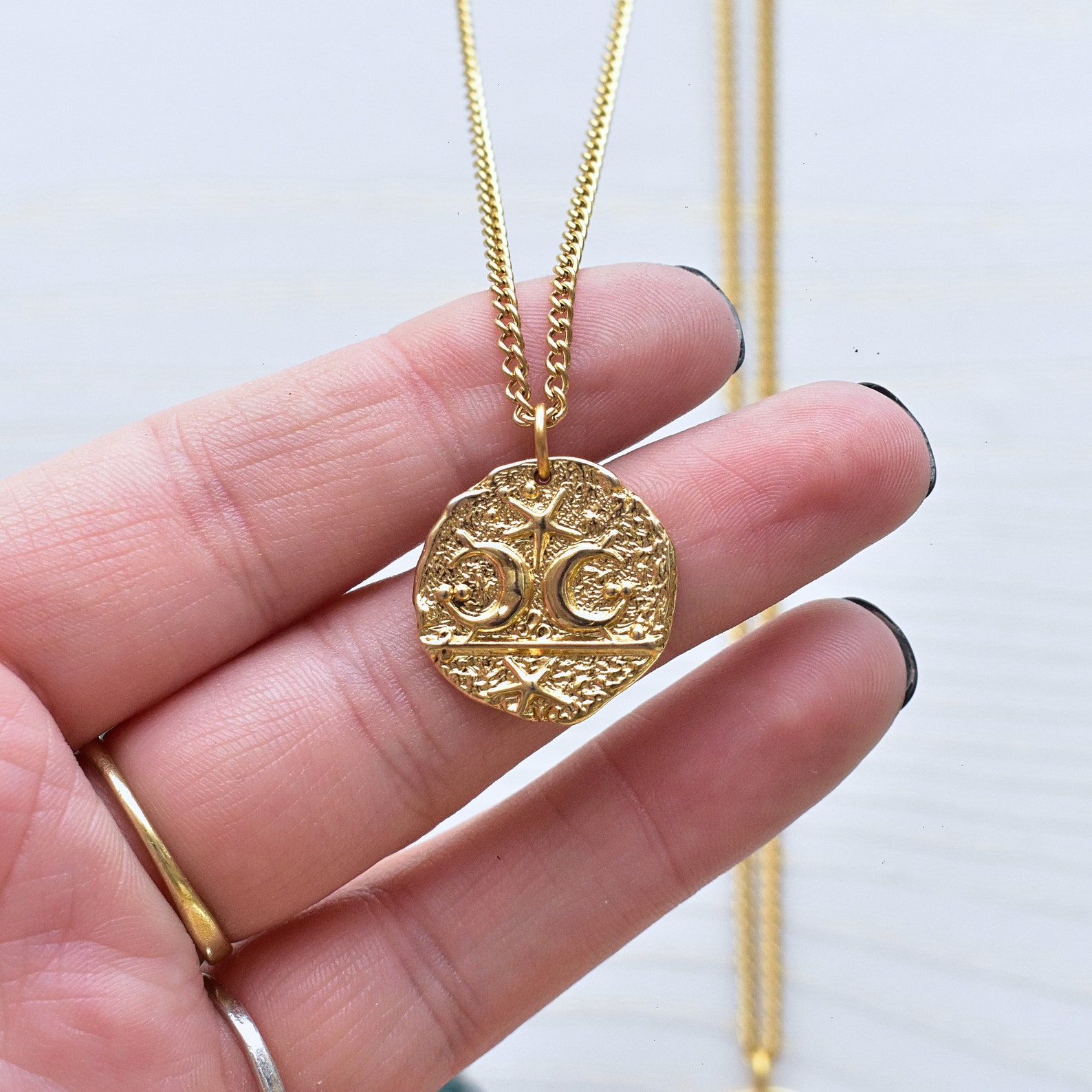 Celestial Coin Necklace/ Gold Plated Charm Necklace/ Double | Etsy