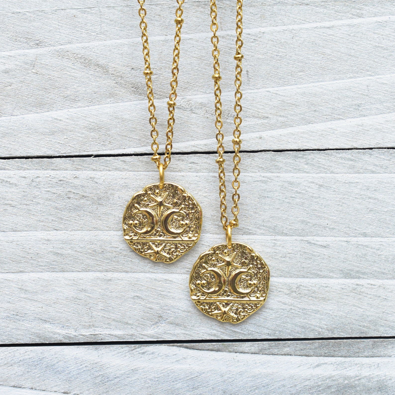 Celestial Coin Necklace/ Gold Plated Charm Necklace/ Double | Etsy