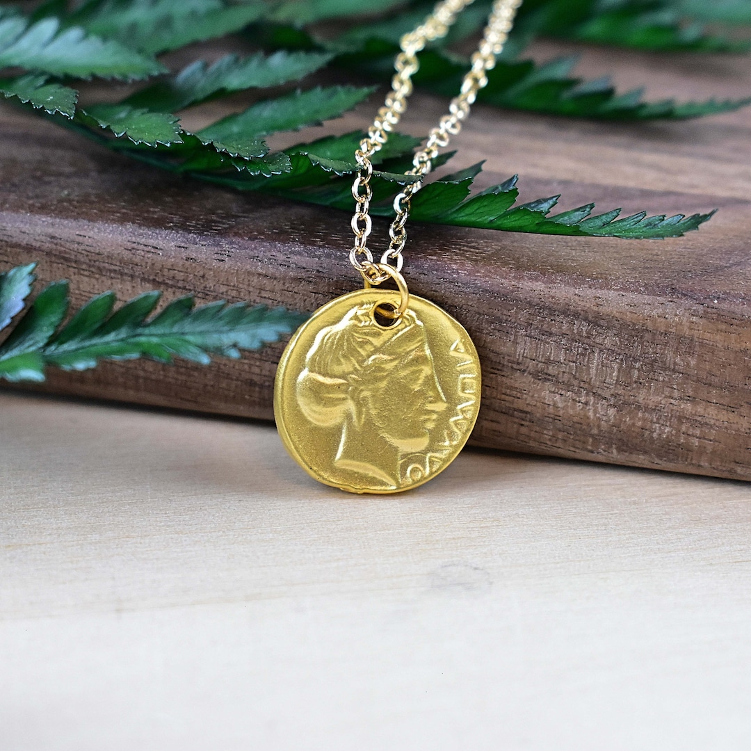 Greek Goddess Coin Necklace, Gold Coin Pendant Necklace, Layering ...