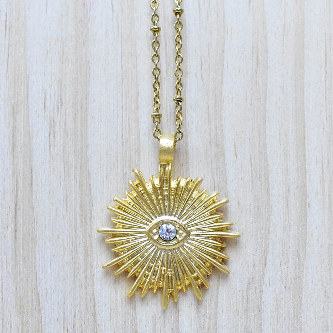 Clear Crystal Sun Charm Necklace, Gold Rising Sun Pendant Necklace ...