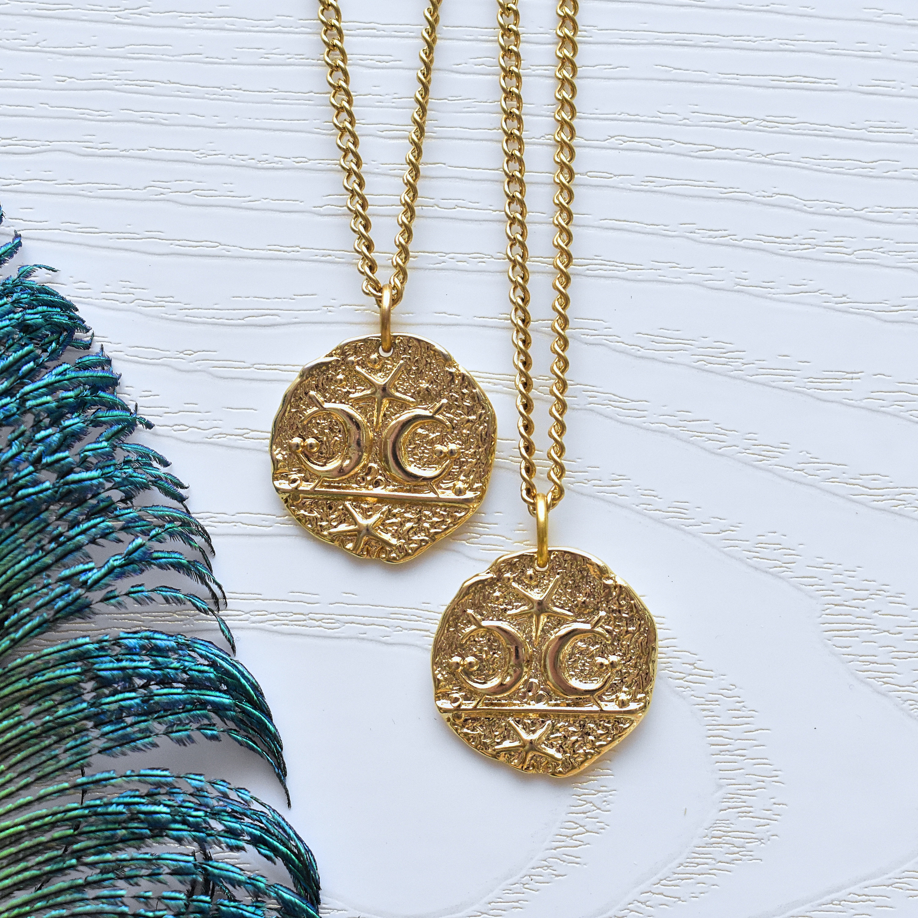 Celestial Coin Necklace/ Gold Plated Charm Necklace/ Double | Etsy