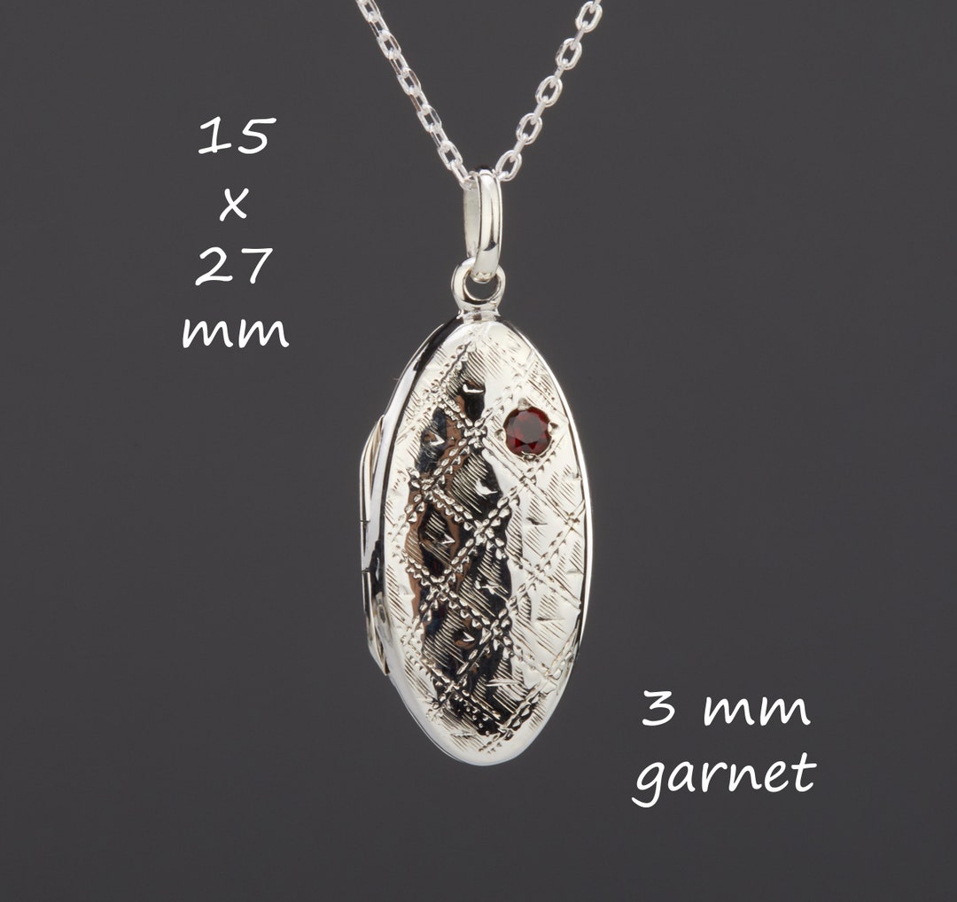 Long Oval Sterling Silver Photo Locket With Garnet,oblong Silver Locket ...