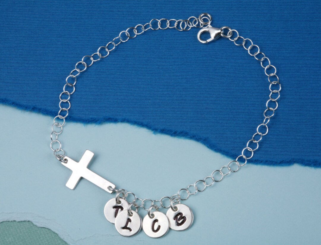 Sterling Silver Cross Initial Braceletpersonalizedfamily - Etsy