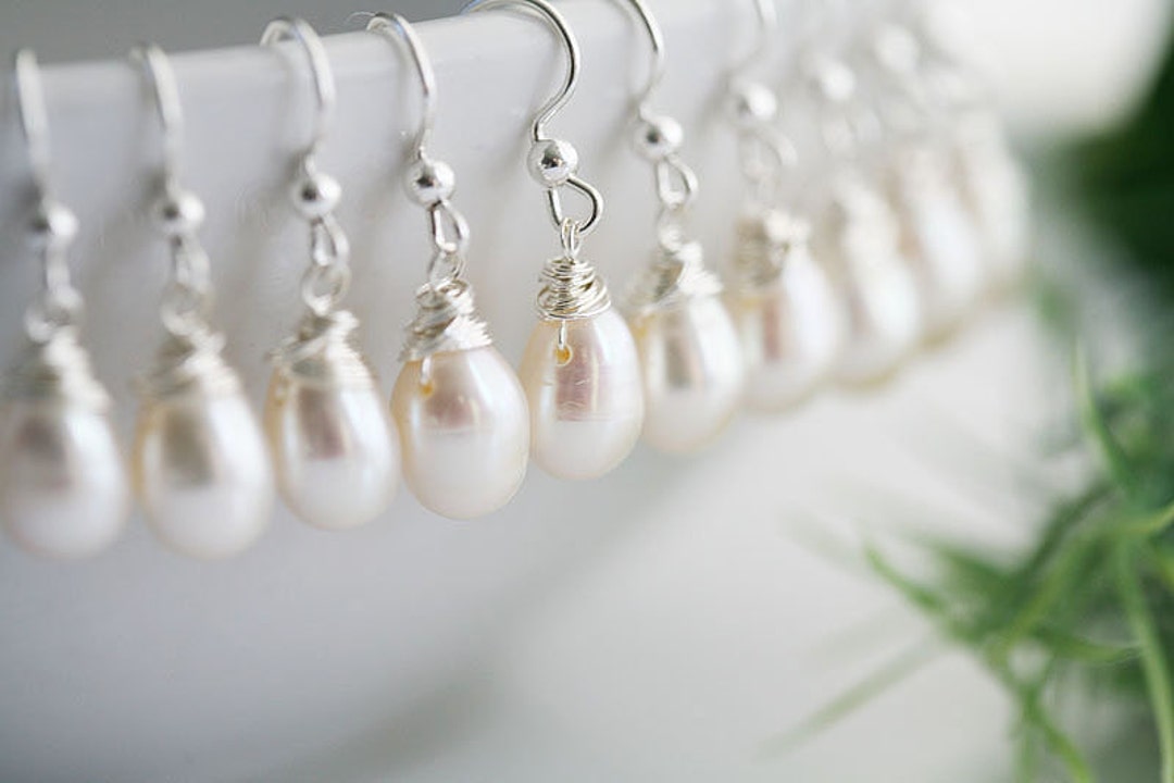 Set of 5,teardrop Pearl Earring,wire Wrapped,bridesmaid Gift,bridal ...