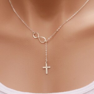 Sterling Silver Sideways Infinity Cross Necklace,infinity Cross Lariat,blessed Faith Necklace ...