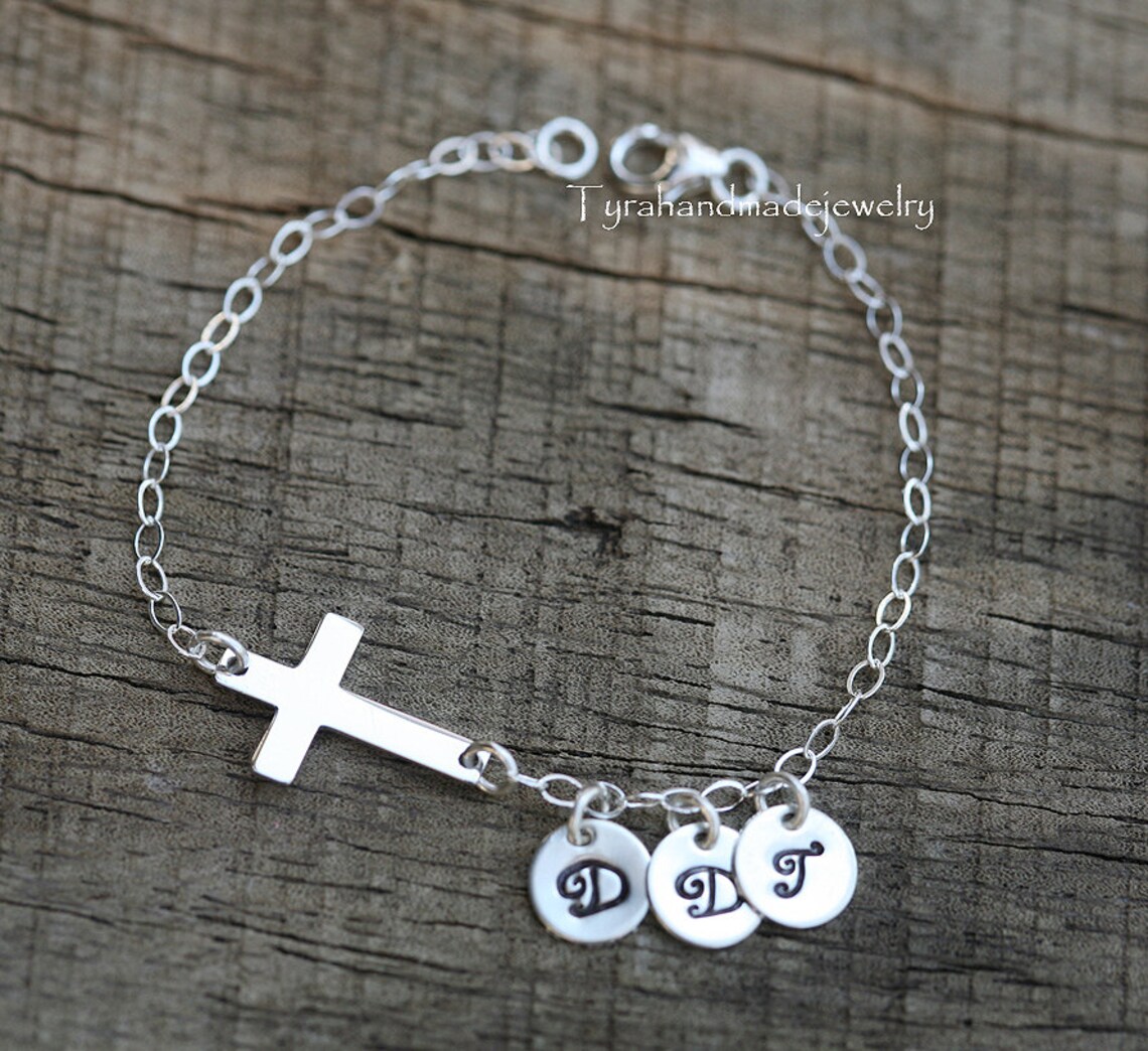 Sterling Silver Cross Initial Braceletpersonalizedfamily - Etsy