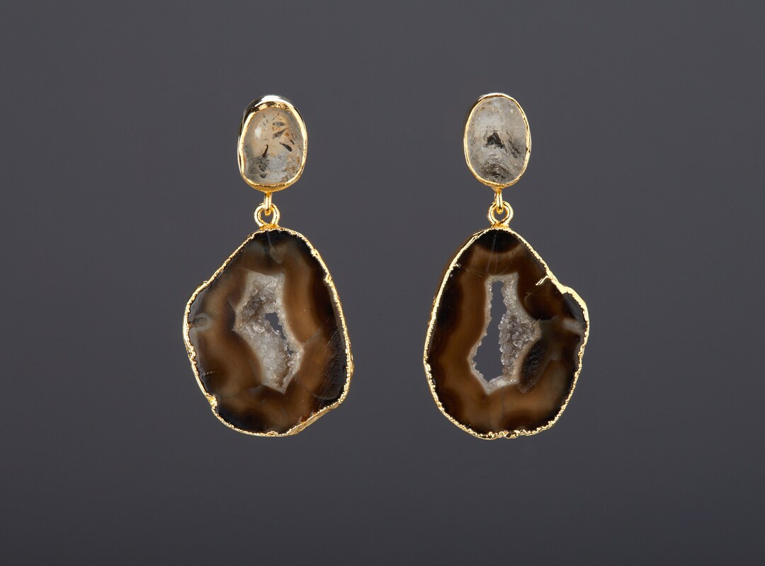Two Tier Smoky Quartz Geode Earring With Moonstone Top Post,sliced ...