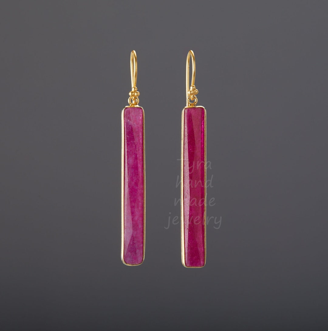 Long Rectangle Ruby Earring,real Long Thin Ruby Earring,slender Ruby ...