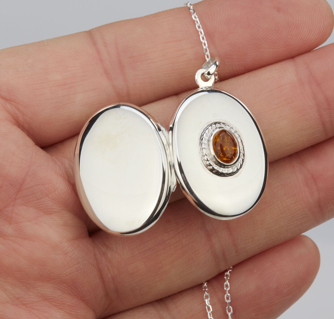 Sterling Silver Oval Photo Locket With Amber,custom Engraved Memorial ...