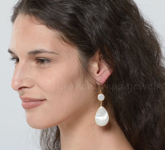 Large Mother Of Pearl Dangle Earringstwo Gemstone Etsy
