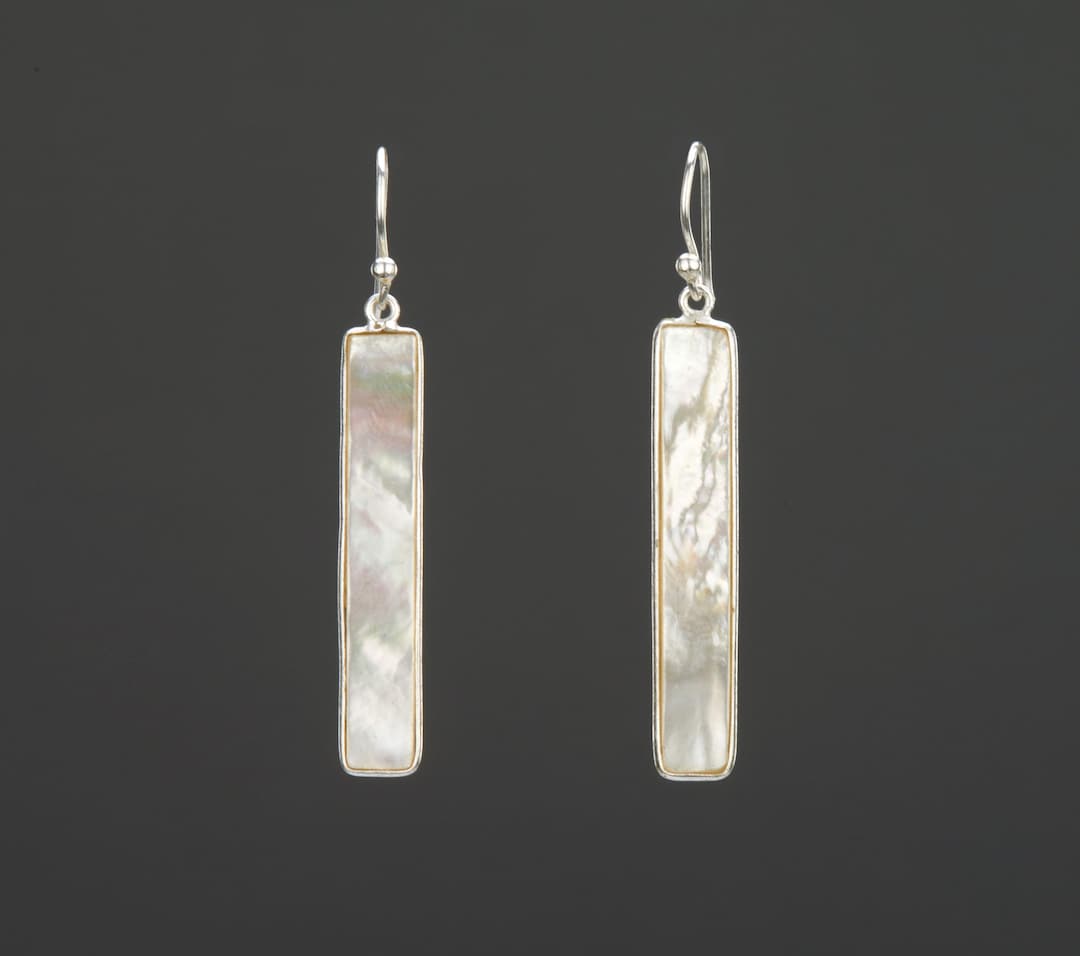 Mother of Pearl Long Narrow Bar Earring in Silver Bezel,long Rectangle ...