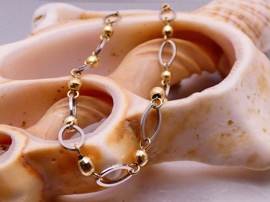 14kt Bi Color Yellow and White Gold Disco Ball and Hoop Link Bracelet 8 ...