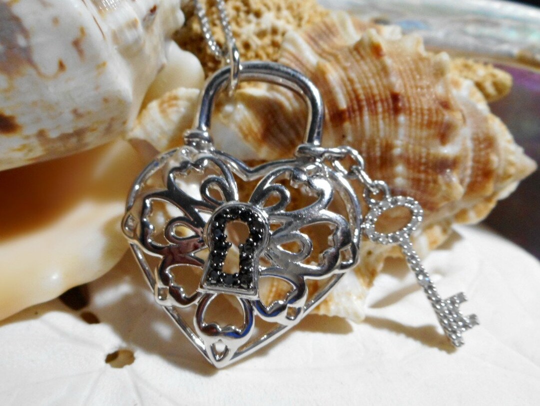 Sterling Silver Padlock and Key Diamond Pendant Necklace .10ctw 7.21 ...