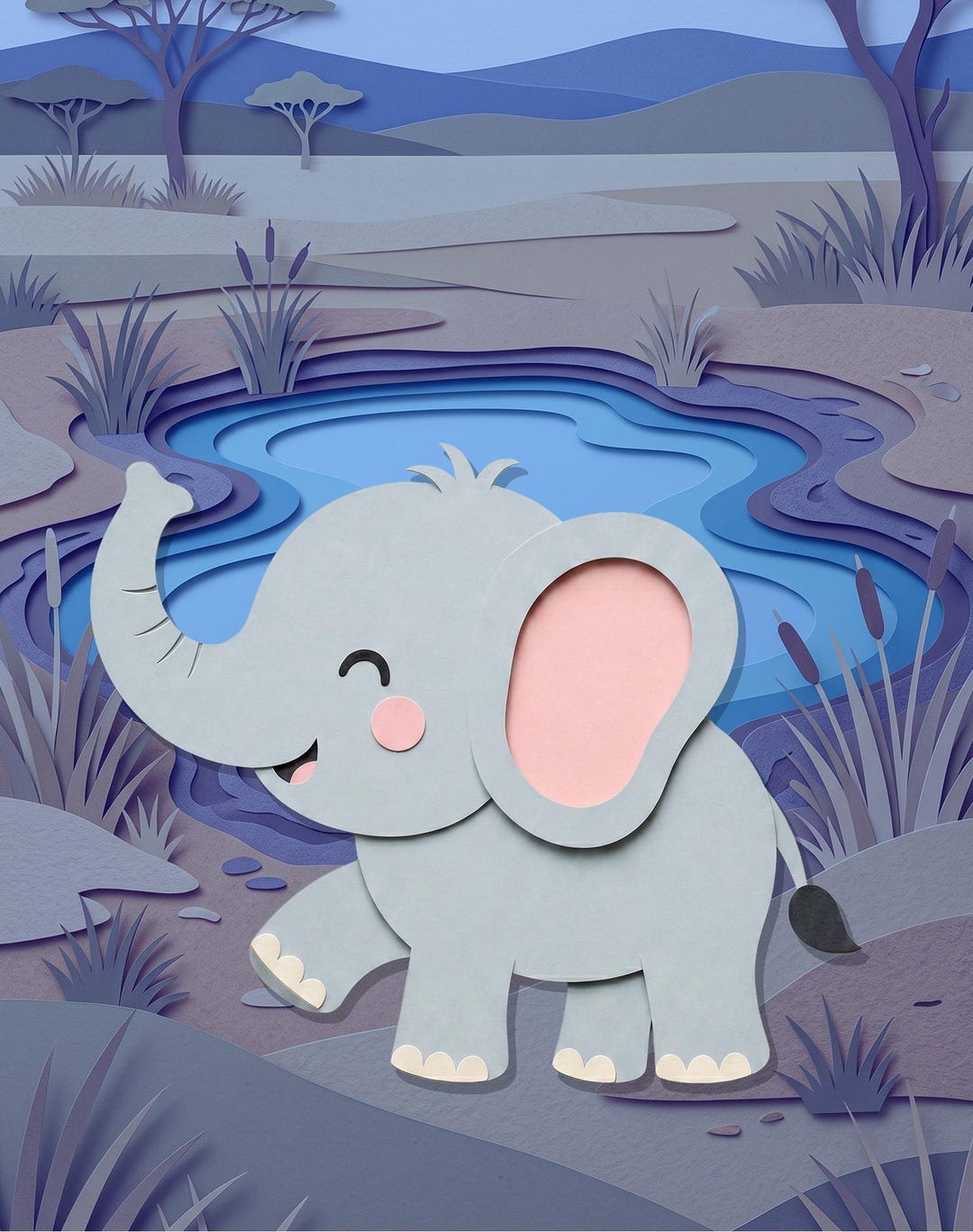 Layered Paper Cut Elephant Print, Woodland Nursery Wall Art (digital ...