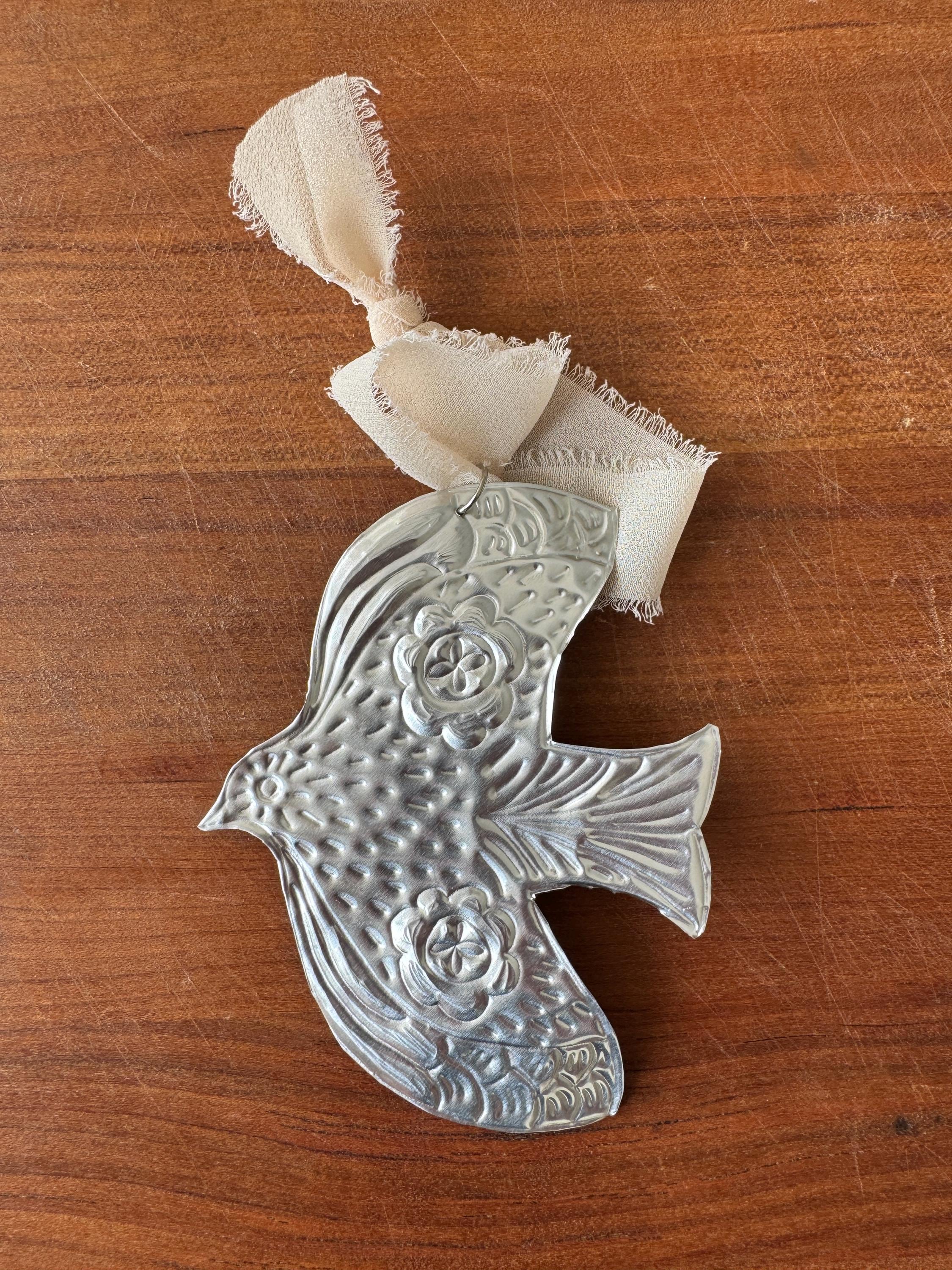 Handmade Embossed Tin Bird Ornament Gift With Chiffon Cream Ribbon - Etsy