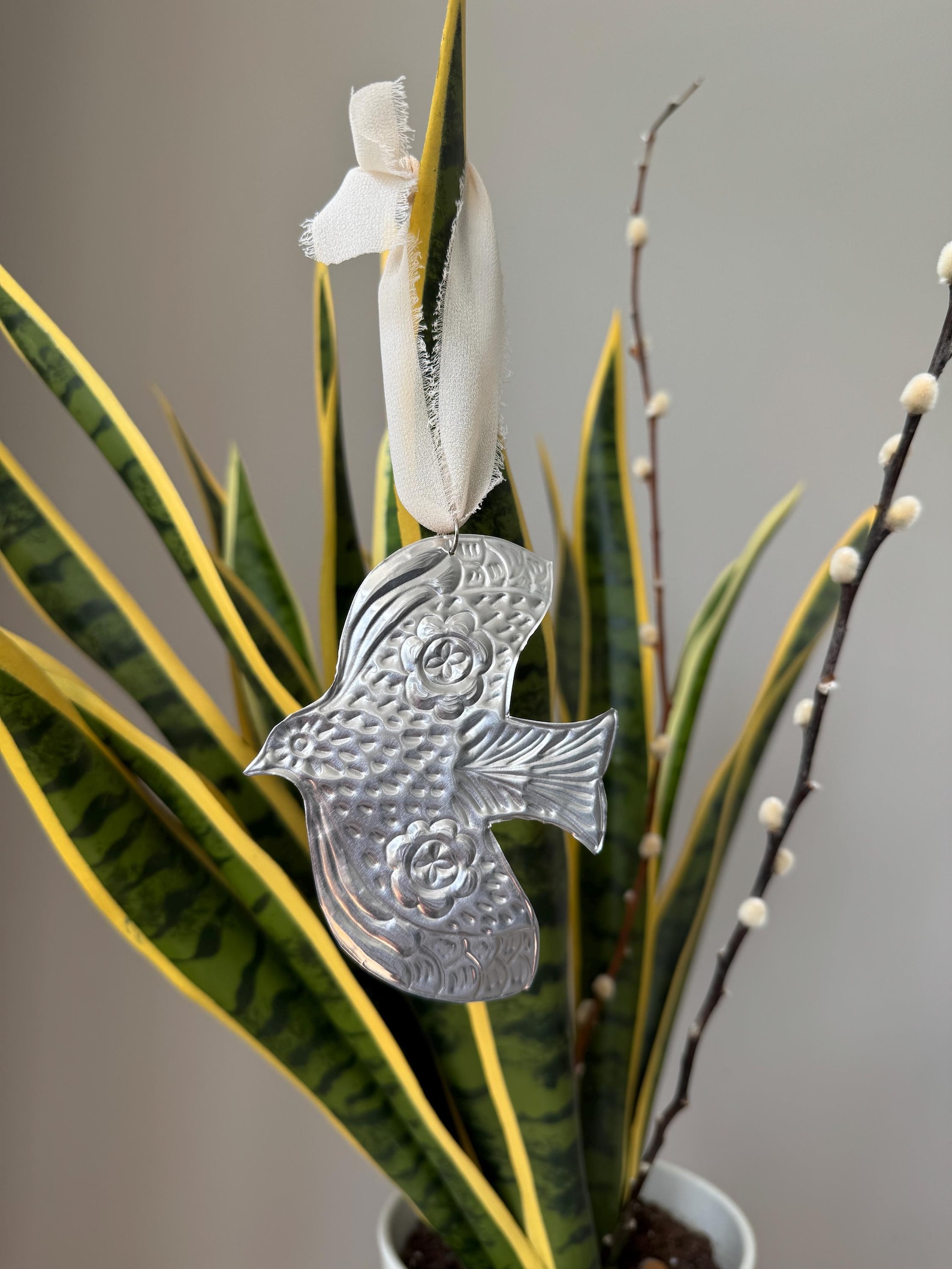 Handmade Embossed Tin Bird Ornament Gift With Chiffon Cream Ribbon - Etsy