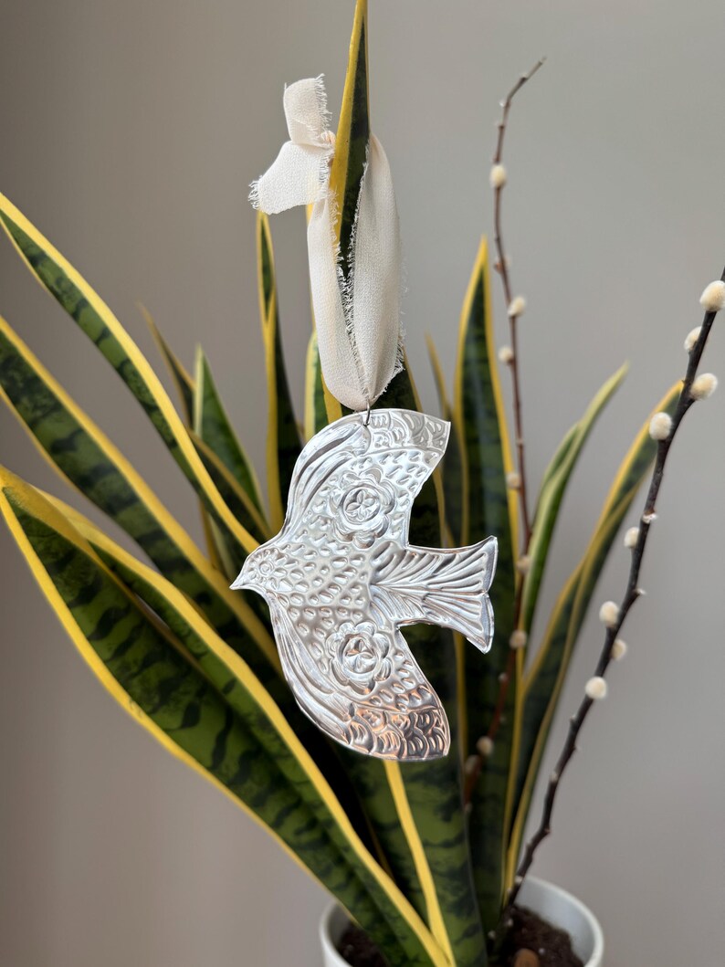 Handmade Embossed Tin Bird Ornament Gift With Chiffon Cream Ribbon - Etsy
