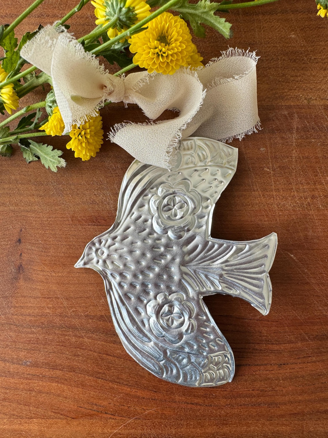 Handmade Embossed Tin Bird Ornament Gift With Chiffon Cream Ribbon - Etsy